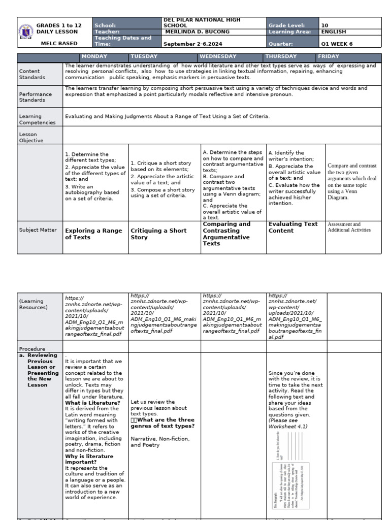 Melc DLL Eng 10 Week 6 Q1 MDB Final | PDF