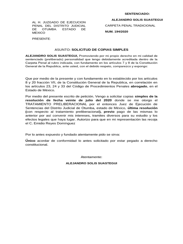 1 Solicitud de Copias Simples de Juez Ejecuc | PDF