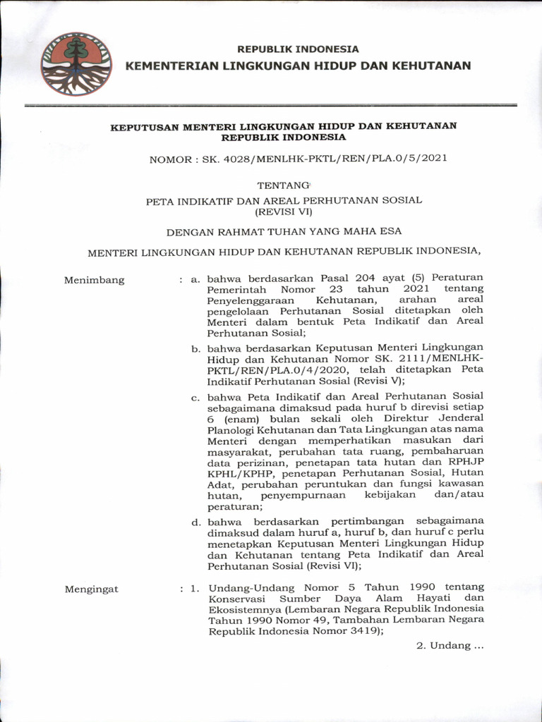 SK Menlhk No SK.4028 Tahun 2021 Tentang Piaps Revisi Vi | PDF
