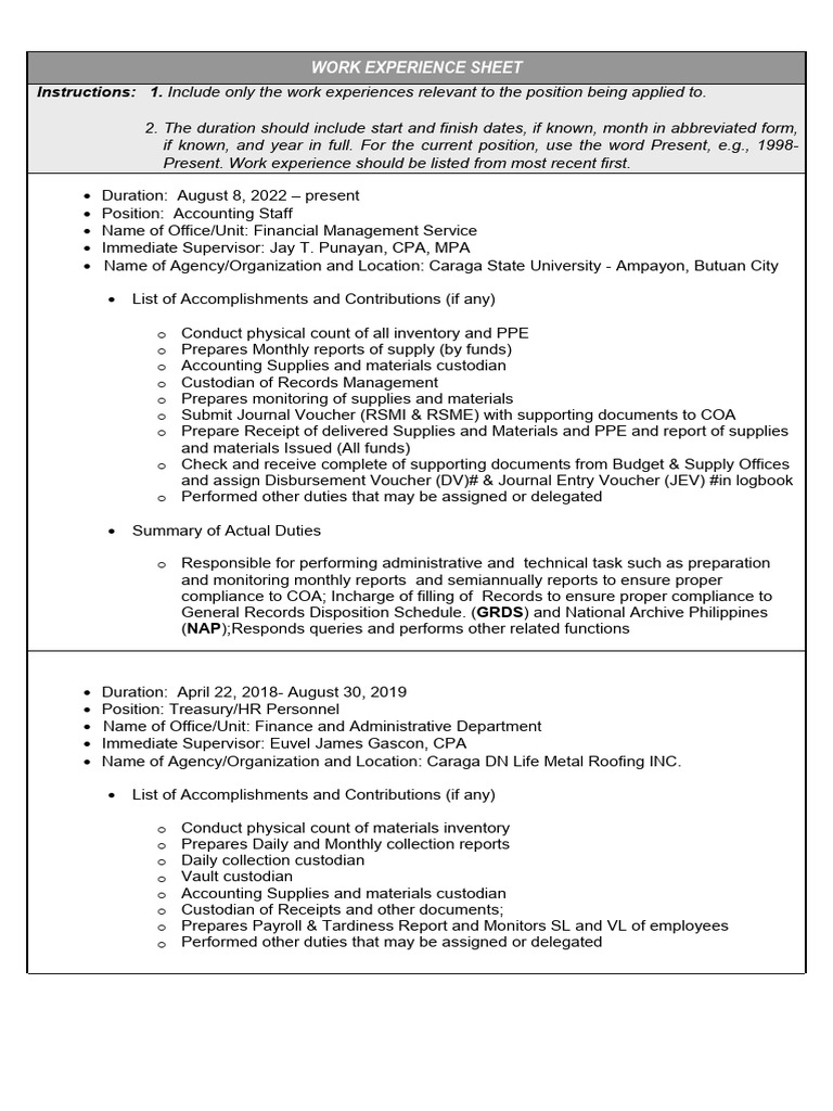 Work Sheet Experience - Zoila Mira | PDF | Business