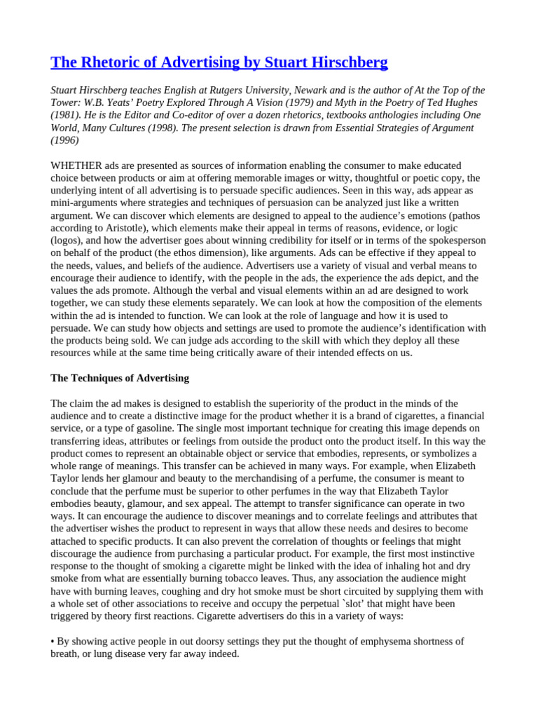 The Rhetoric of Advertising by Stuart Hirschberg | PDF | Persuasion