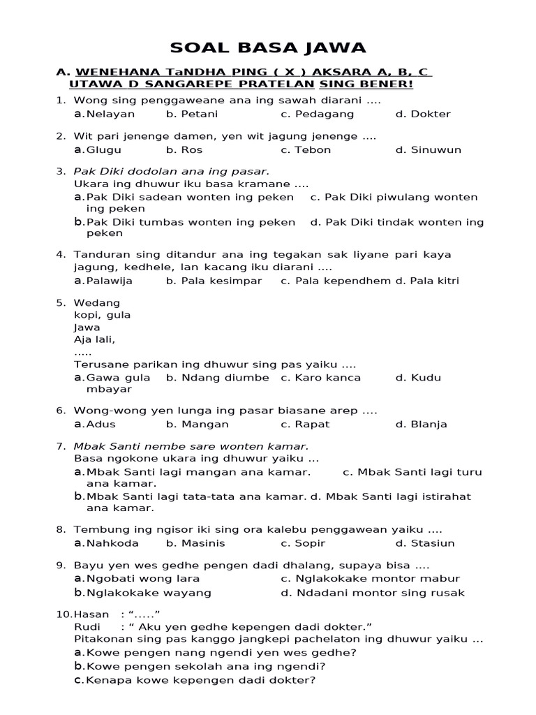 Soal UAS Bahasa Jawa Kelas 4 SD Semester 1 (Ganjil) Dan Kunci Jawaban (www.bimbelbrilian.com) | PDF