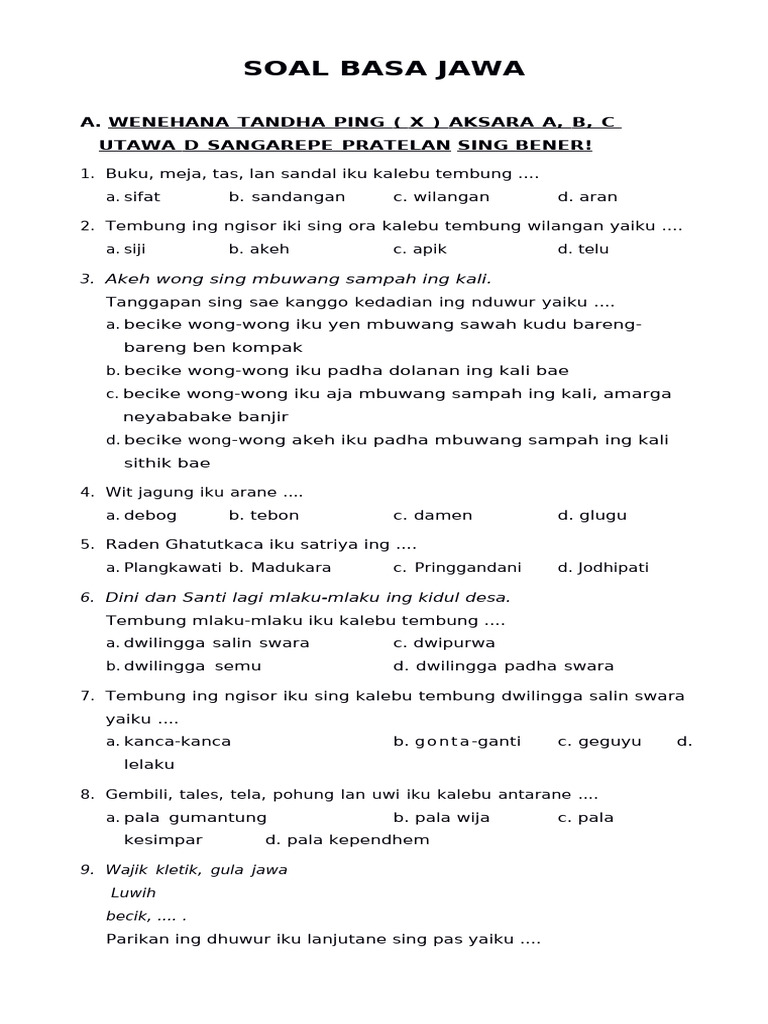 Soal UAS Bahasa Jawa Kelas 5 SD Semester 1 (Ganjil) Dan Kunci Jawabannya | PDF