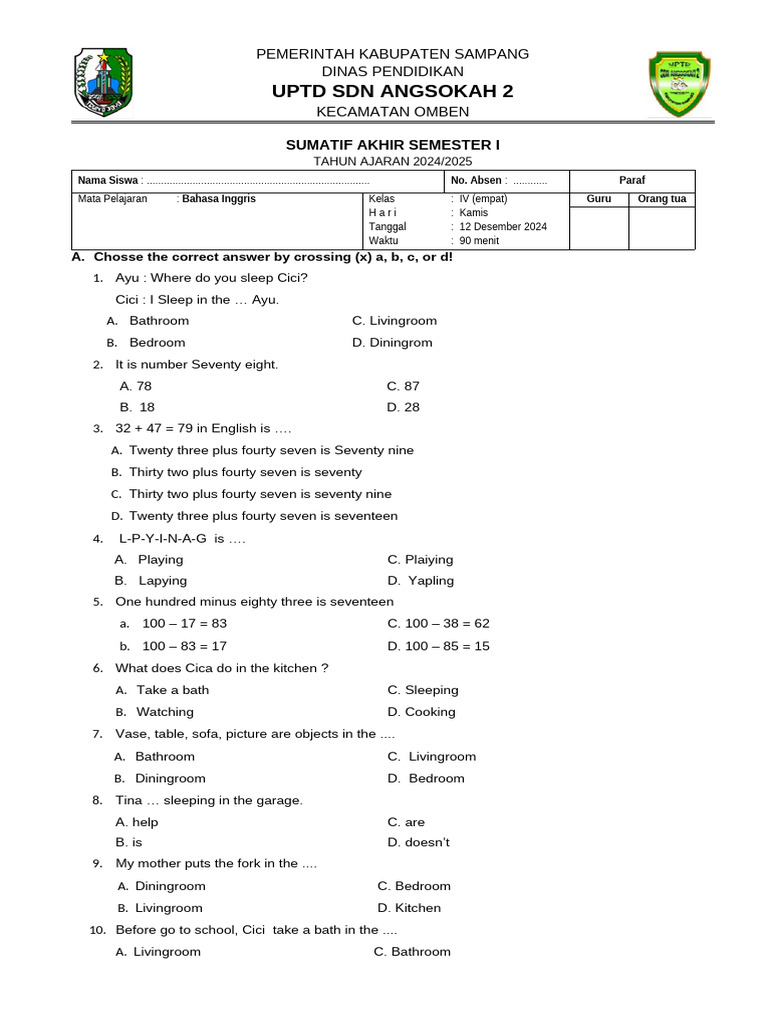 SAS 1 Kelas IV - Bahasa Inggris | PDF