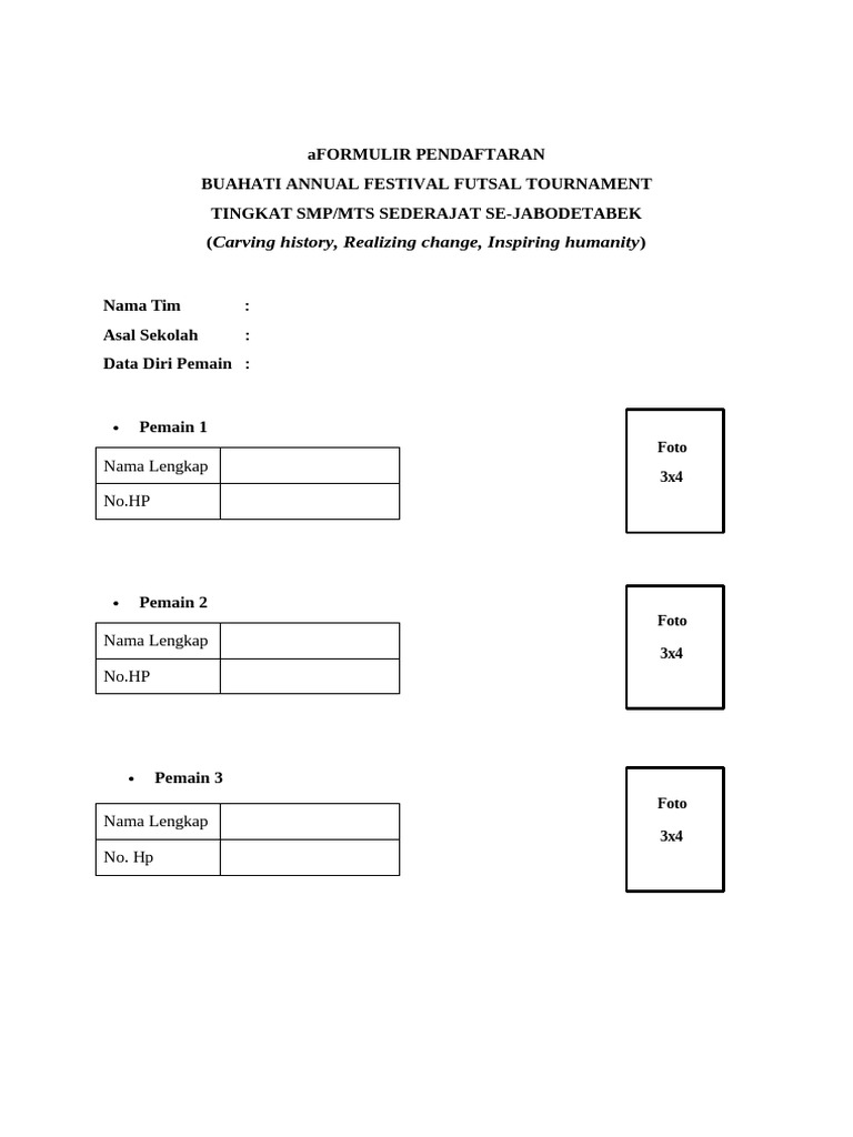 Formulir Pendaftaran Turnamen Futsal SMP | PDF