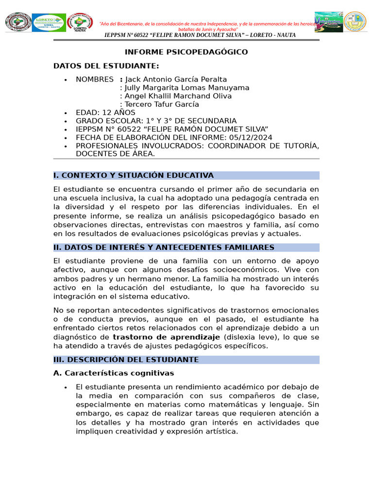 Informe Psicopedagógico | PDF | Evaluación | Aprendizaje