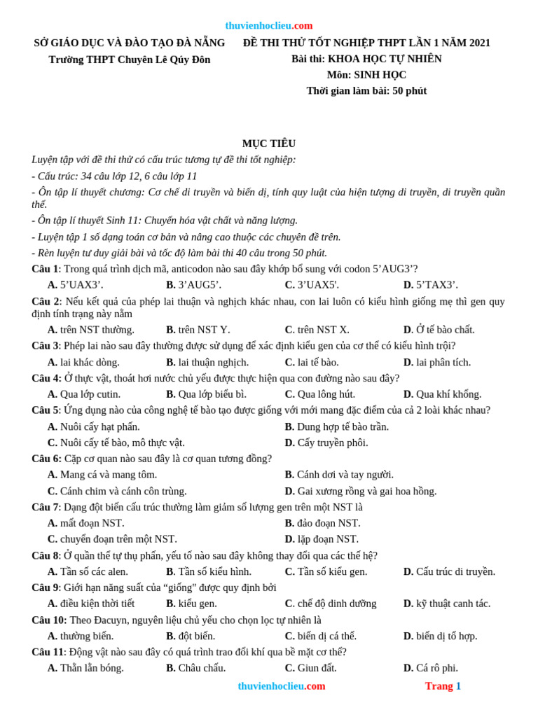 Thuvienhoclieu.com Bo 5 de Thi Thu Tot Nghiep THPT 2021 SINH HOC Cac Truong Chuyen Bo 2 | PDF