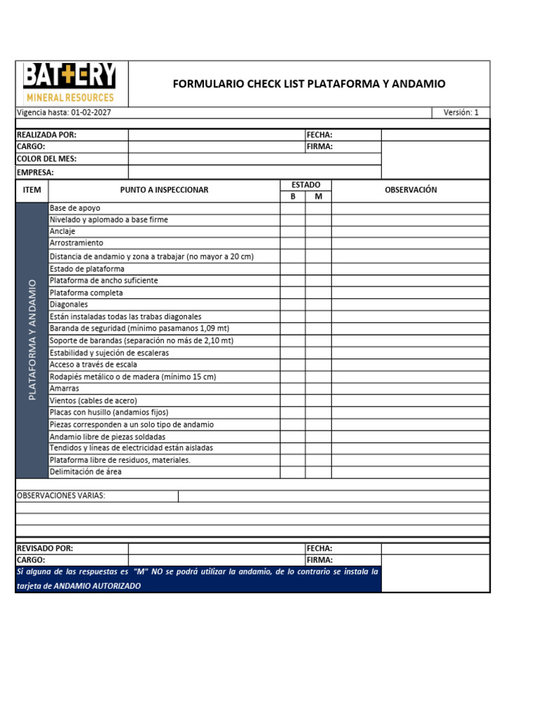 Checklist de Seguridad para Andamios y Trabajo en Altura | PDF | Andamio
