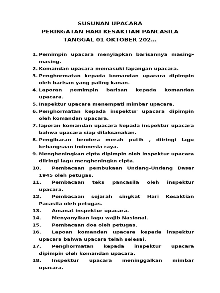 Susunan Upacara Kesaktian Pancasila 2024 | PDF