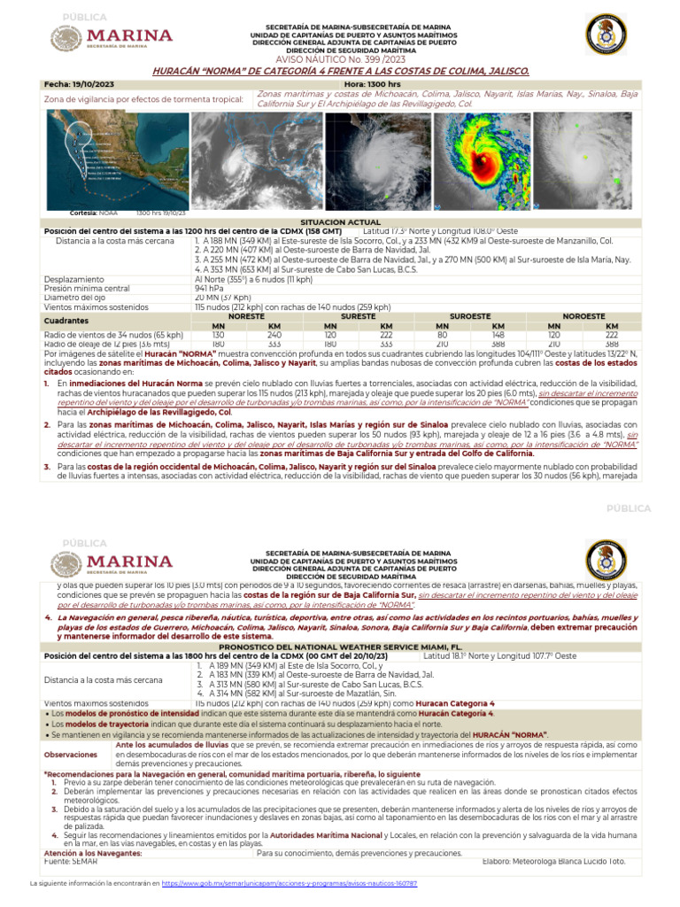 Aviso Náutico: Tormenta Tropical Norma | PDF | Ciclones tropicales ...