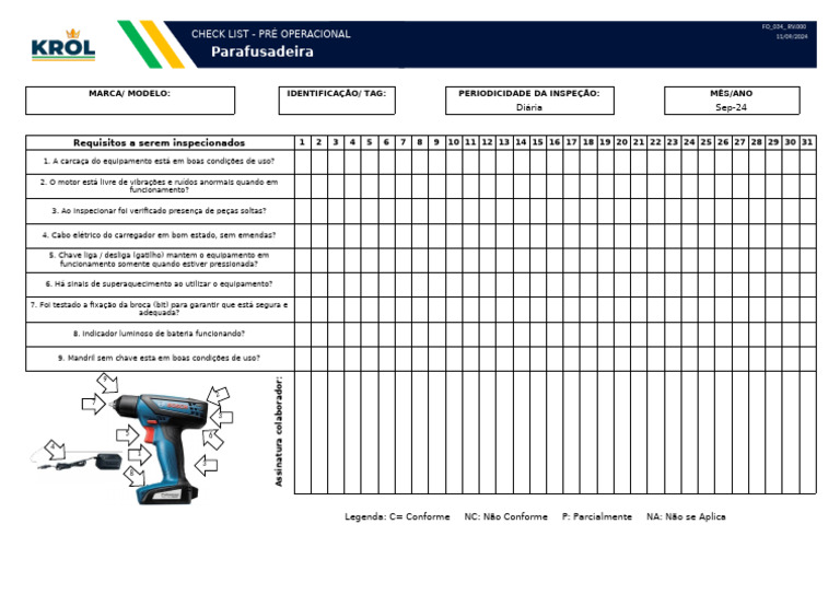 Checklist de Inspeção Diária Parafusadeira | PDF