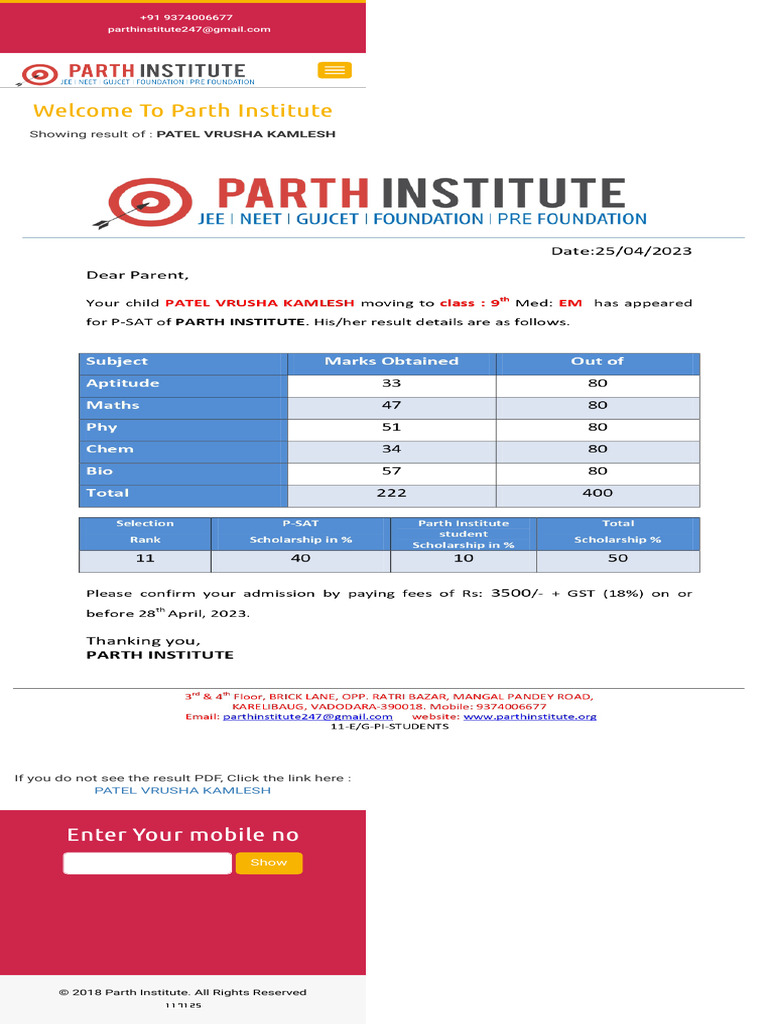 Parth Institute Admission Details | PDF