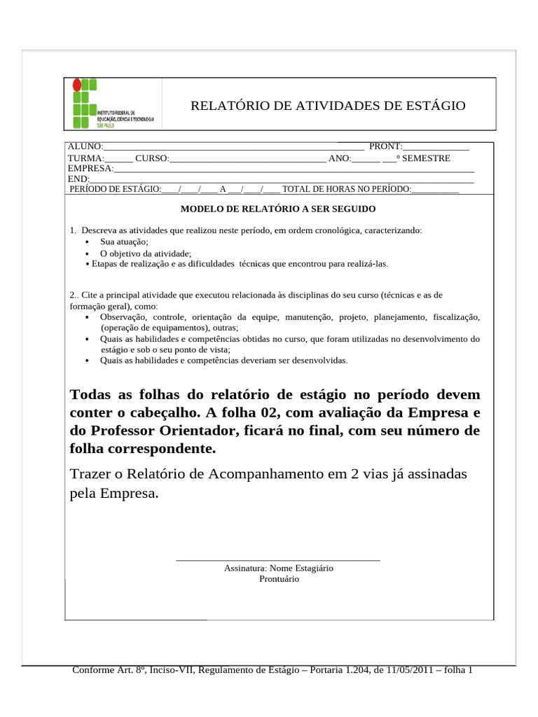 Relatorio De Atividades De Estagio Pdf