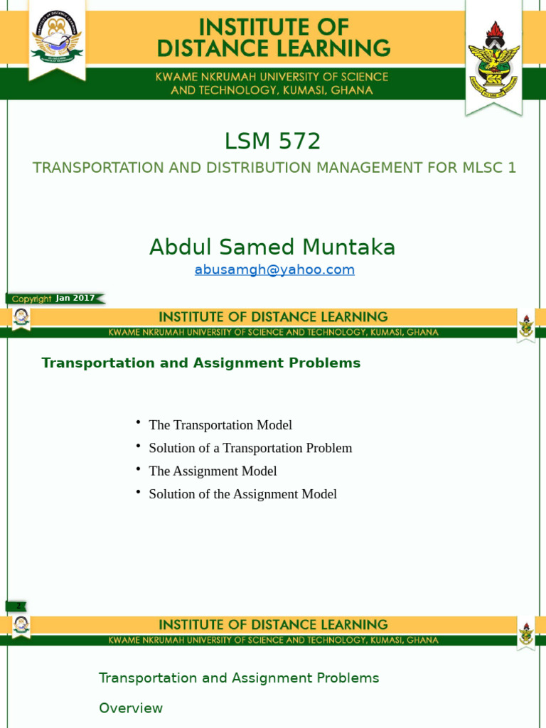 TRANSPORT OPORATIONS Lecture 2 UP Transportation J Transshipment J and Assignement Problems ...