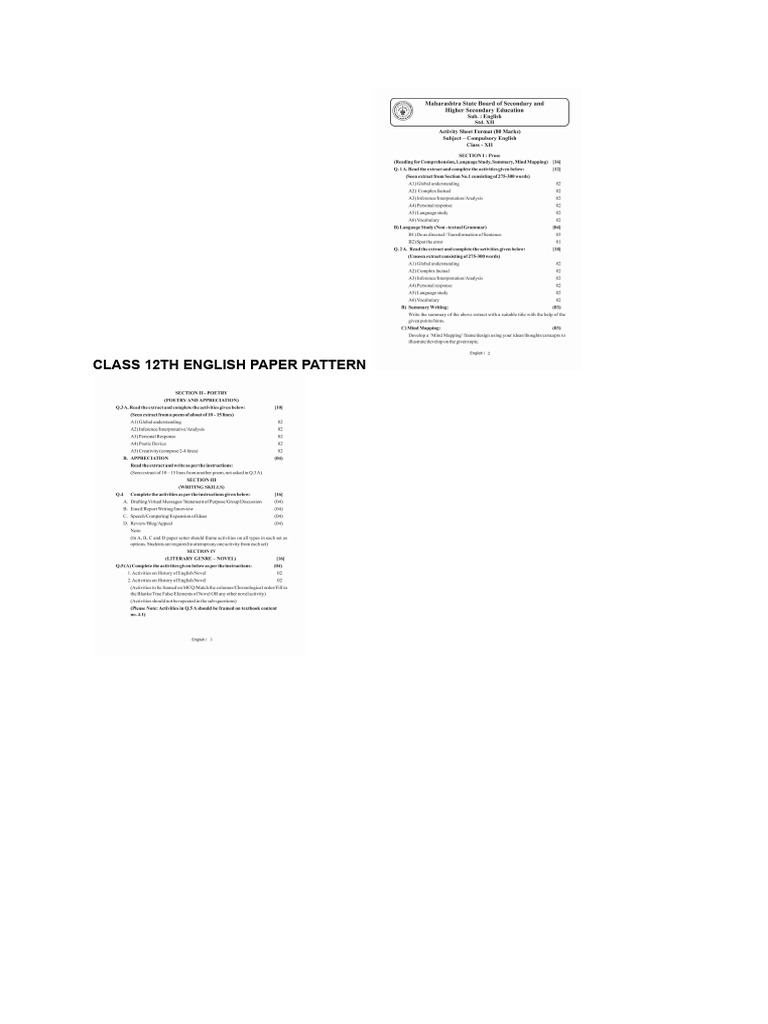 CLASS 12TH ENGLISH PAPER PATTERN by Vijay Salunke Sir | PDF