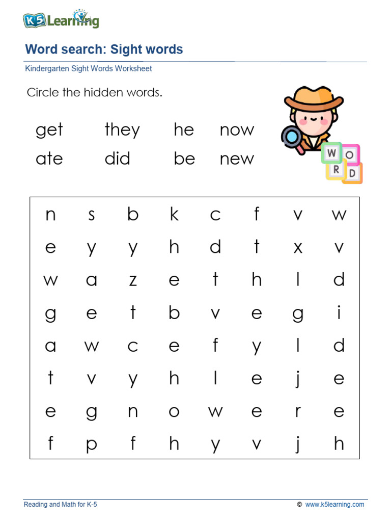 Kindergarten Sight Words Word Search | PDF