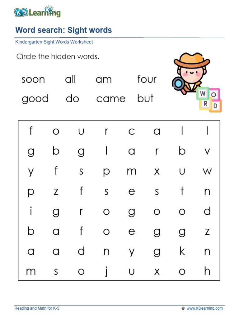 Kindergarten Sight Words Word Search 1 | PDF