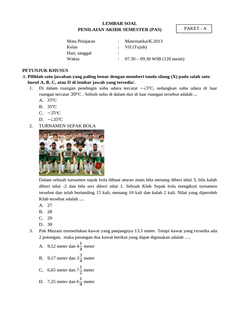 Mat 7- Naskah Soal PAS 1- 2021-22-Paket - A | PDF