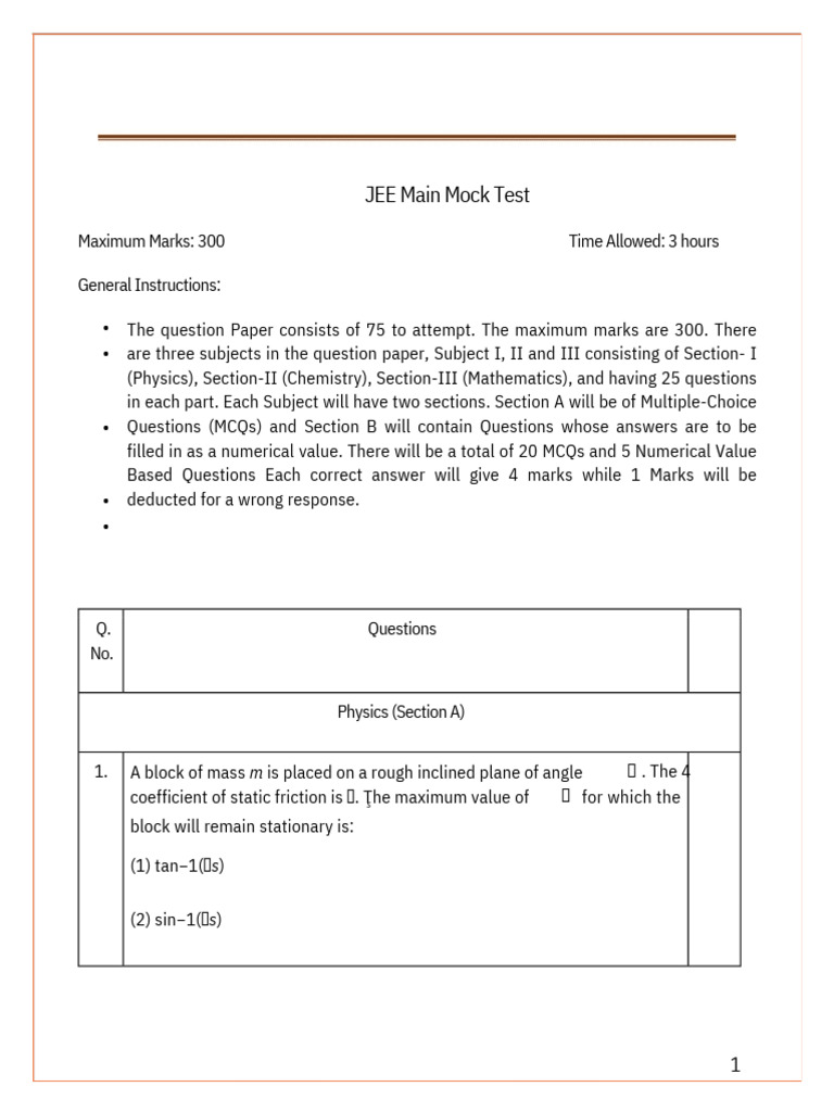 JEE Main Mock Test Physics Questions | PDF | Waves | Gases