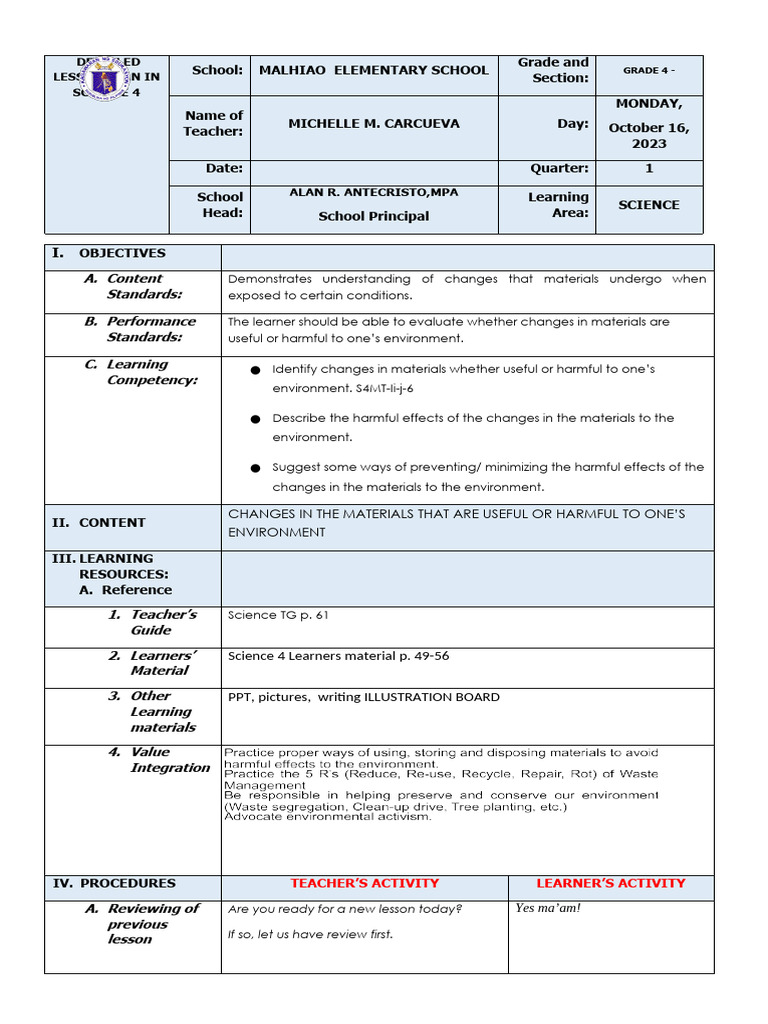 Grade 4 Science Lesson Plan: Material Changes | PDF | Deforestation ...