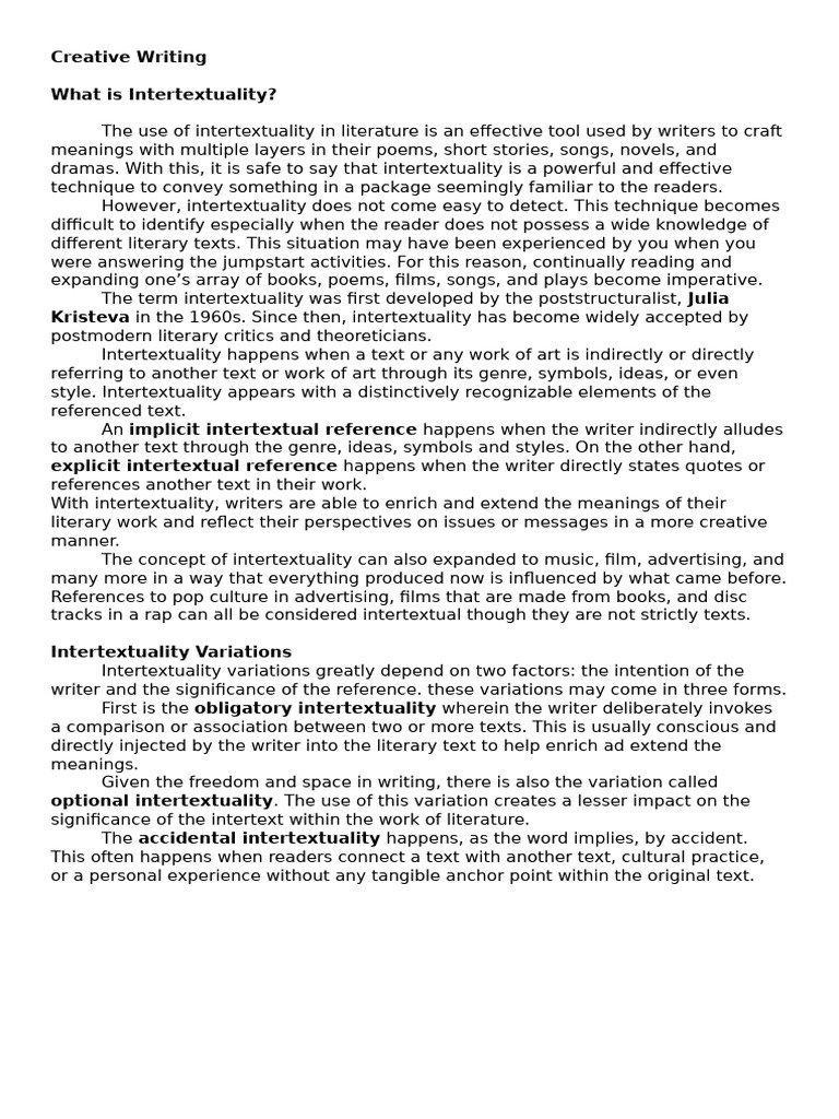 Creative Writing11 - Intertextuality | PDF | Intertextuality