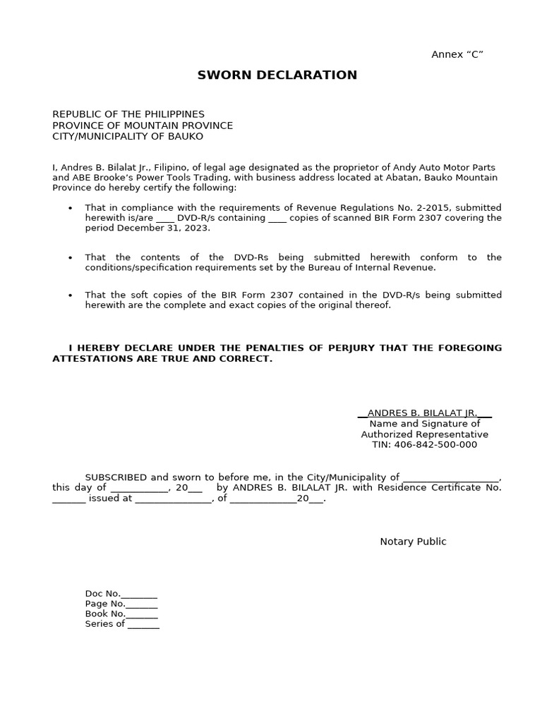 Sworn Declaration for BIR Compliance | PDF