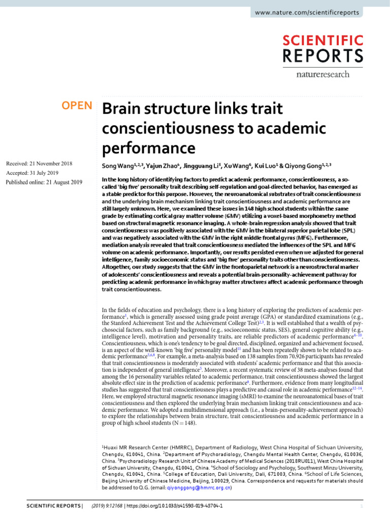 Brain Structure, Conscientiousness, and Academic Performance | PDF ...