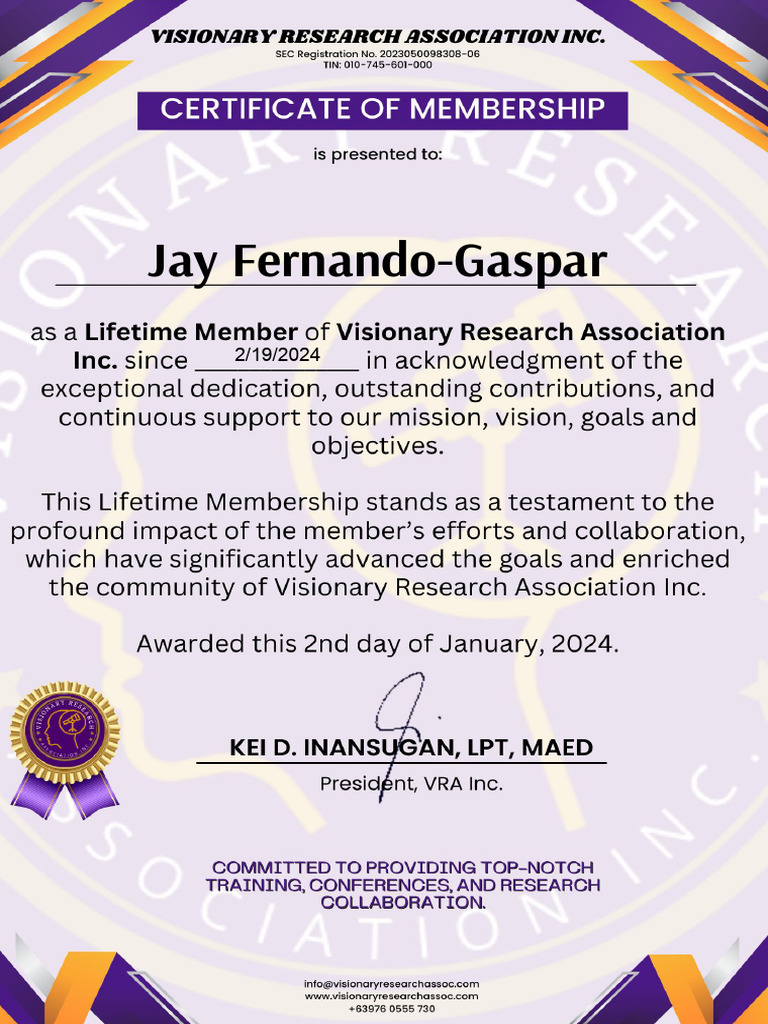 VRA Inc. Lifetime Membership Certificate | PDF