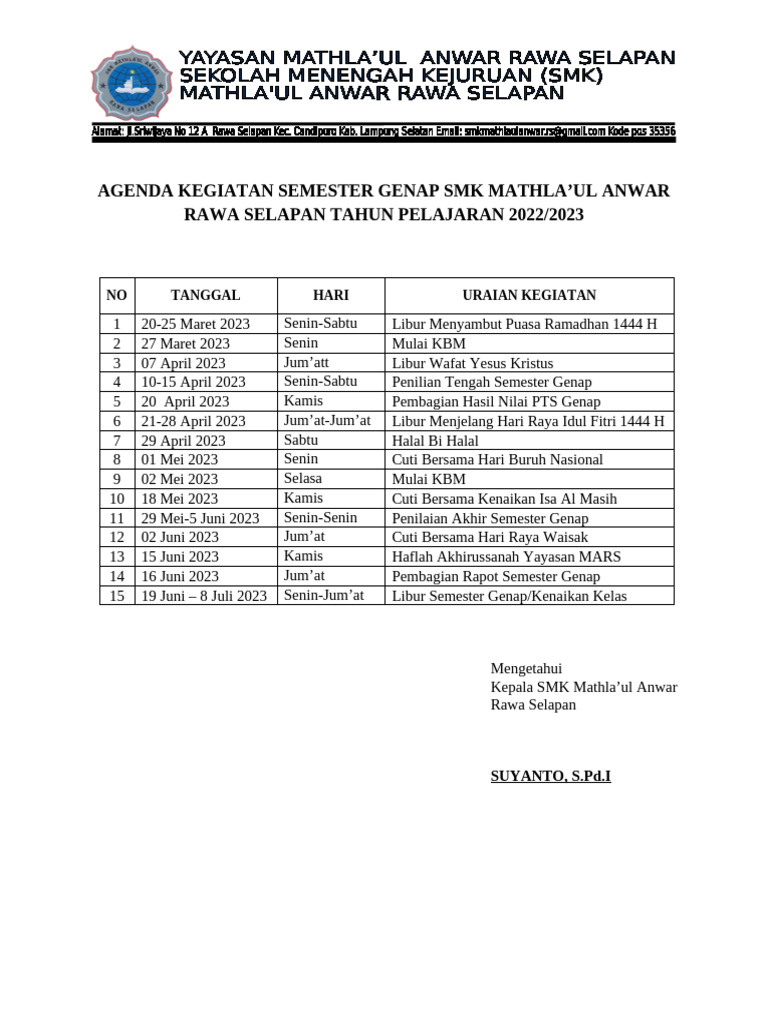 Agenda Kegiatan Semester Genap 2023.2024 Oke | PDF