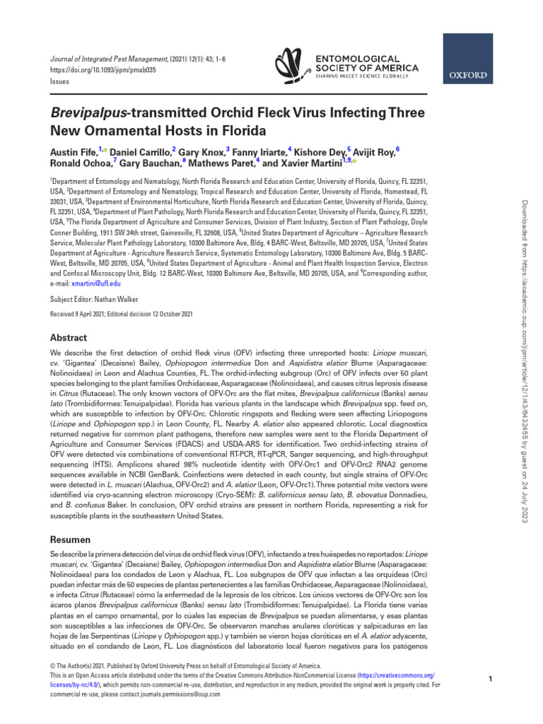 Brevipalpus-Transmitted Orchid Fleck Virus Infecting Three New ...