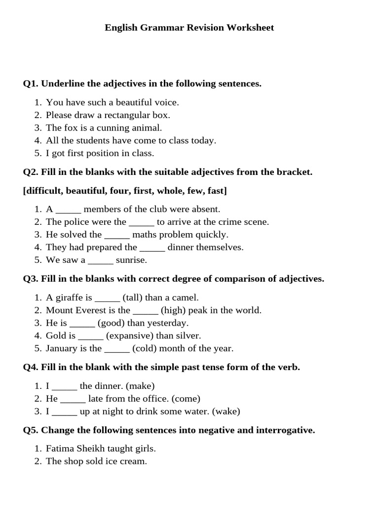 English Grammar Revision Worksheet | PDF