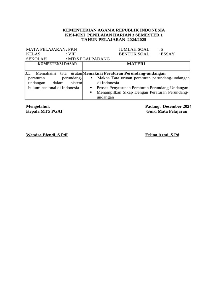 KISI2 UH 3 Semester 1 PKN Kelas 8 TH 2024.25 OK | PDF