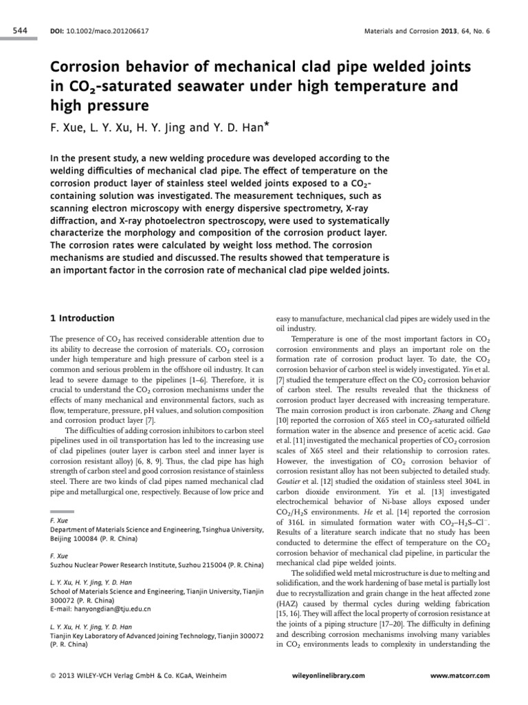 Materials Corrosion - 2012 - Xue - Corrosion Behavior of Mechanical Clad Pipe Welded Joints in ...