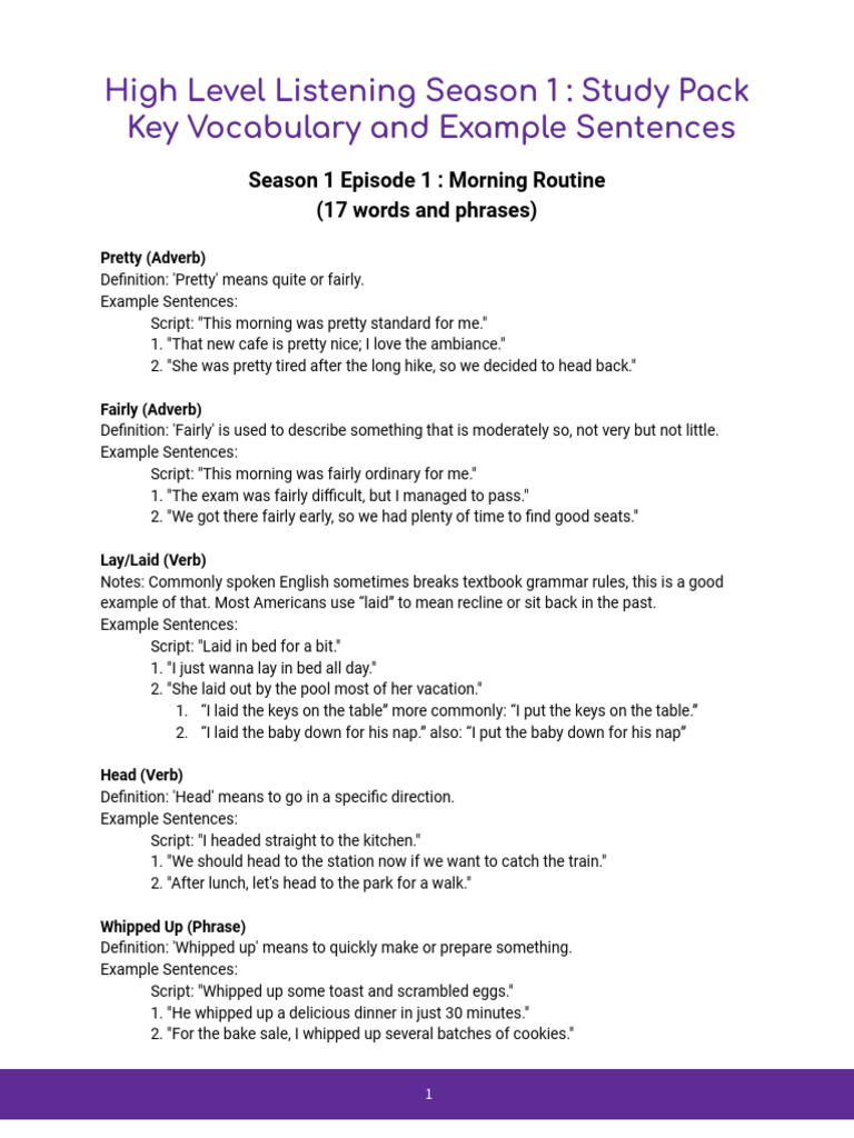 S1 E1 Vocabulary Sentences | PDF | Verb | Linguistics