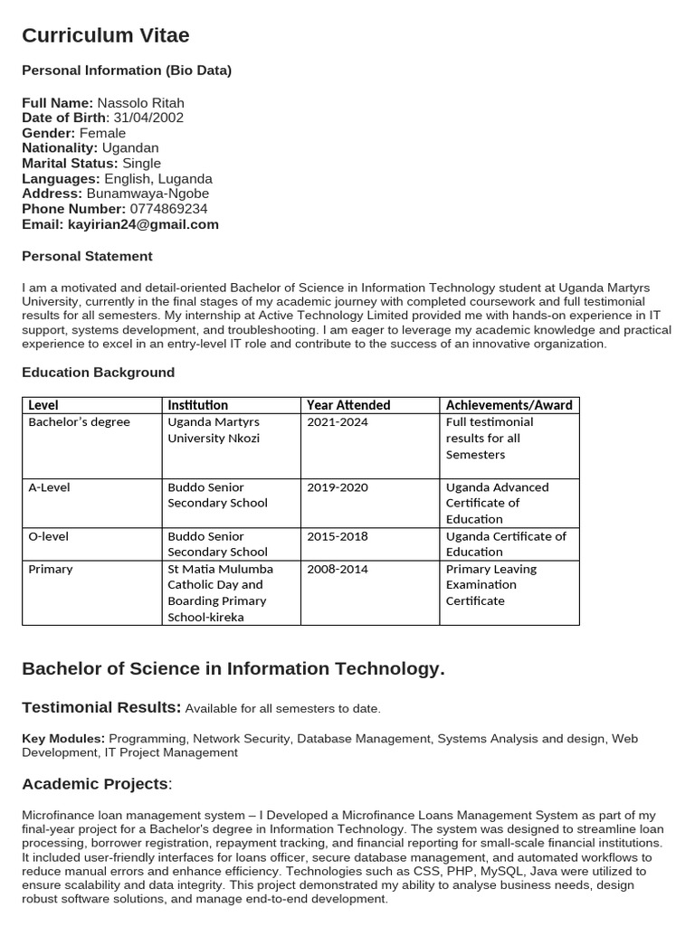 RITAH NASSOLO CV. Edited | PDF | Computer Network | Computing
