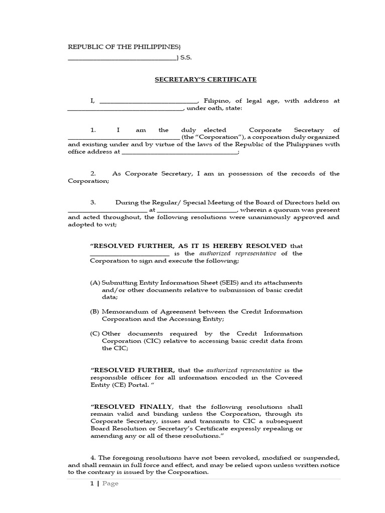 Secretary's Certificate Template CIC | PDF | Legal Documents | Justice