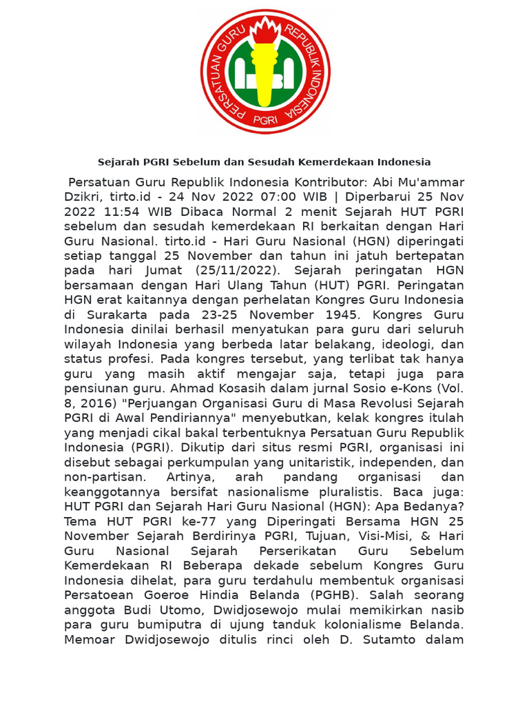 Sejarah PGRI: Dari Kolonial ke Merdeka | PDF