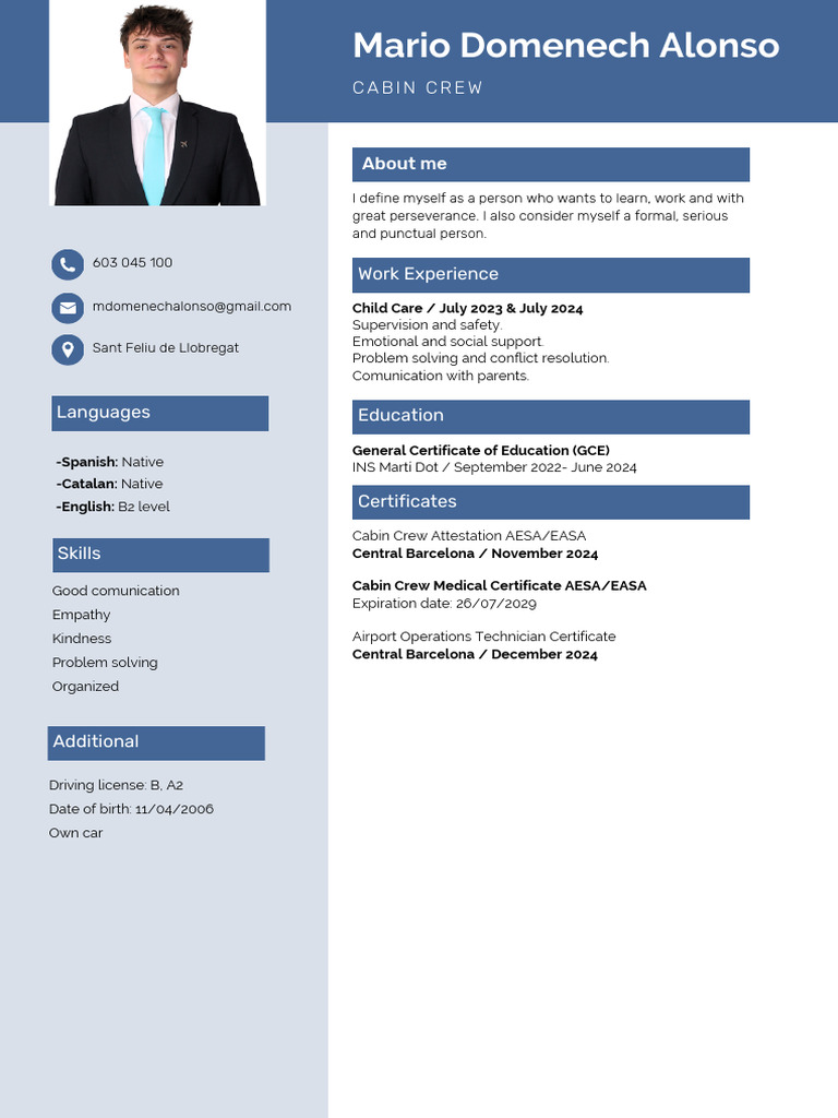 Cabin Crew Resume of Mario Domenech | PDF