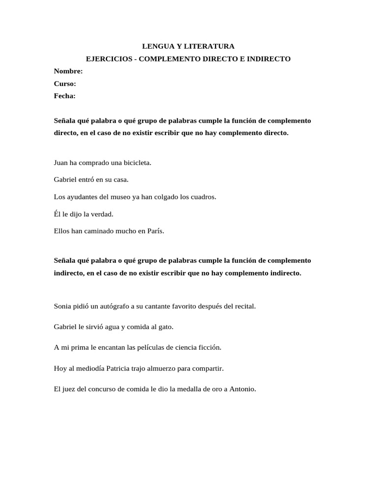Ejercicios Complemento Directo e Indirecto | PDF