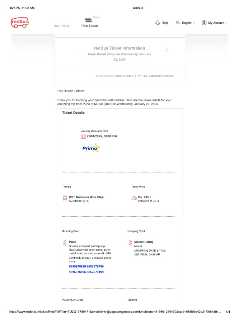 Dinesh Bus TKT 22 Jan | PDF