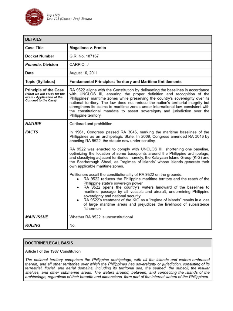 Magallona v. Ermita (G.R. No. 187167) (2011) - Isip | PDF | Territorial ...