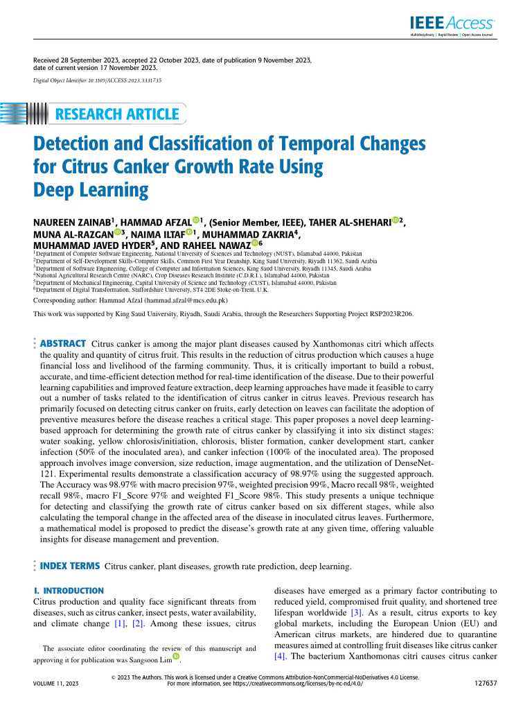 Detection and Classification of Temporal Changes For Citrus Canker Growth Rate Using Deep ...