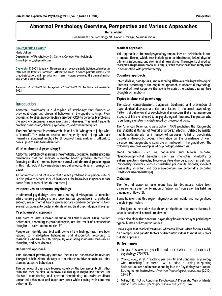 Abnormal Psychology Overview Perspective and Various Approaches | PDF ...