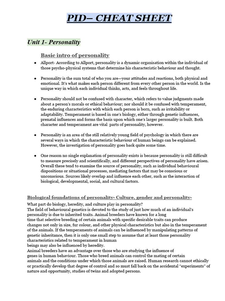 Psychology of Disorder- CHEAT SHEET | PDF | Id | Self Actualization