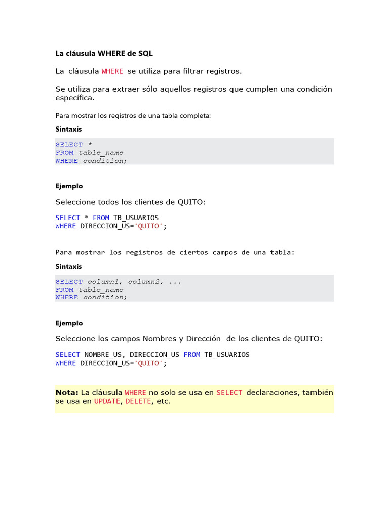Cláusula WHERE en SQL: Guía Completa | PDF