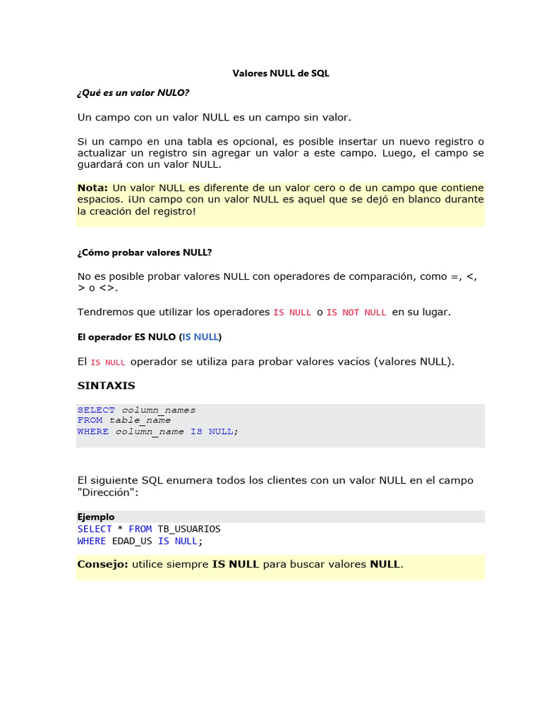 Manejo de Valores NULL en SQL | PDF