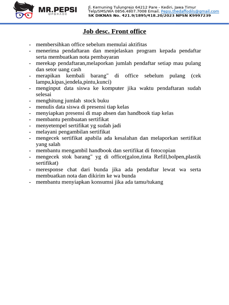 TUGAS FRONT OFFICE MR PEPSI 2025 | PDF