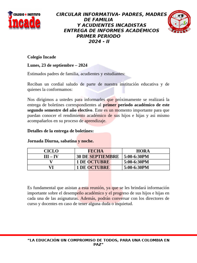 Circular Entrega de Boletines Primer Periodo Acadã - Mico 2024-2 | PDF