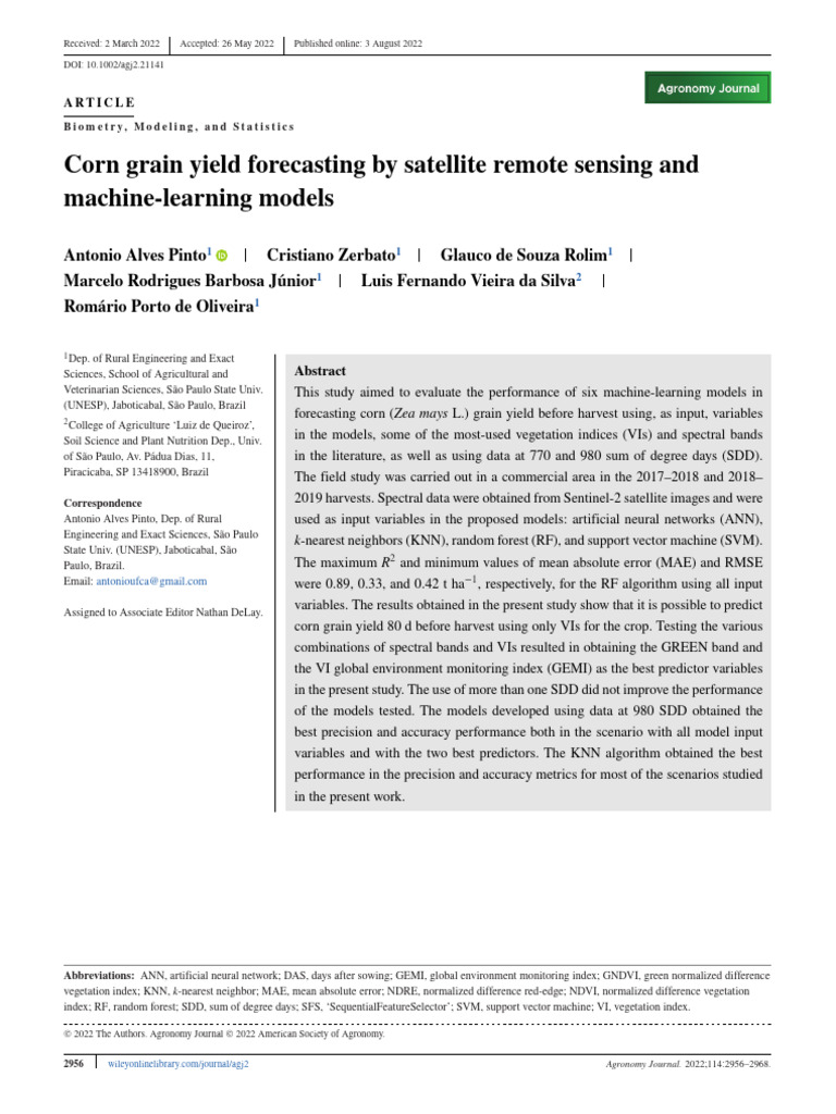 Agronomy Journal - 2022 - Pinto - Corn Grain Yield Forecasting by Satellite Remote Sensing and ...