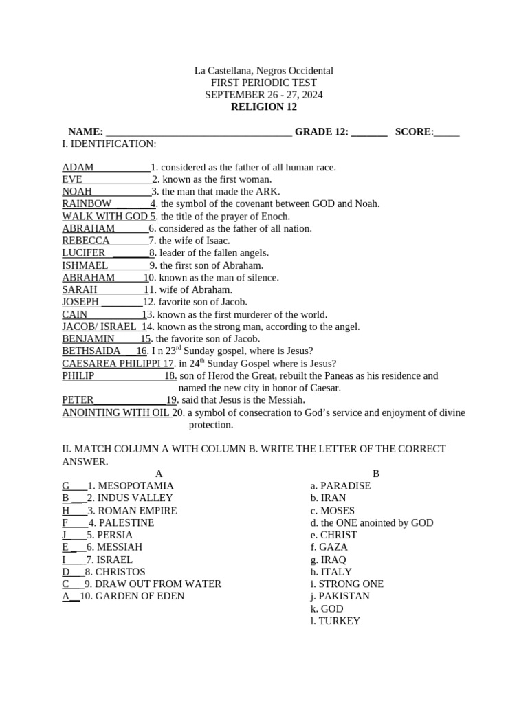 Religion 12 Periodic Test Guide | PDF | Jesus | Disciple (Christianity)
